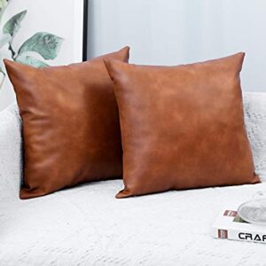 SEEKSEE Brown Faux Leather Accent Throw Pillow Cover 18x18 inch, 2-Pack Modern Country Farmhouse Style Pillowcase for Bedroom Living Room Sofa