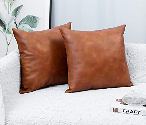 SEEKSEE Brown Faux Leather Accent Throw Pillow Cover 18x18 inch, 2-Pack Modern Country Farmhouse Style Pillowcase for Bedroom Living Room Sofa