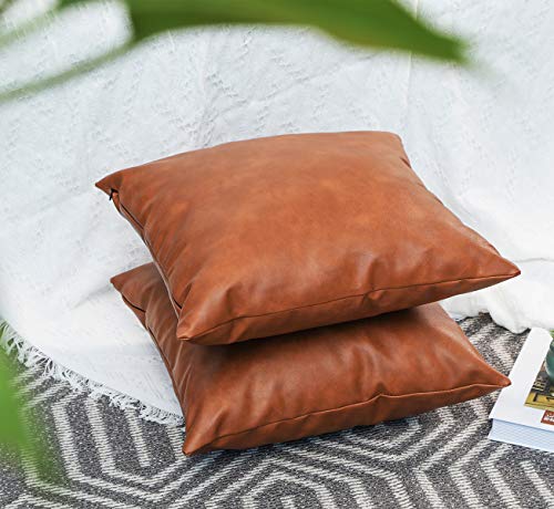 SEEKSEE Brown Faux Leather Accent Throw Pillow Cover 18x18 inch, 2-Pack Modern Country Farmhouse Style Pillowcase for Bedroom Living Room Sofa