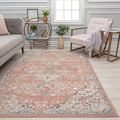 Rugs America Hailey Collection Vintage Transitional Area Rug - Ideal for Living Space, Living Room, Dining Room, Bedroom and Many More (6' Round, Pink Amaranth)