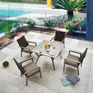 festival depot 5 pcs patio set square dining table with 2.16" umbrella hole and 4 rattan wicker chairs with seat cushions in metal frame outdoor furniture for porch lawn poolside backyard, dark grey