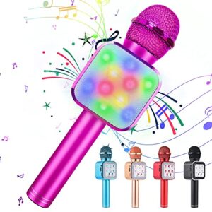 kidwill wireless bluetooth karaoke microphone for kids, 5-in-1 portable handheld karaoke mic speaker player recorder with led lights for kids girls boys teens birthday (1818-hot pink)