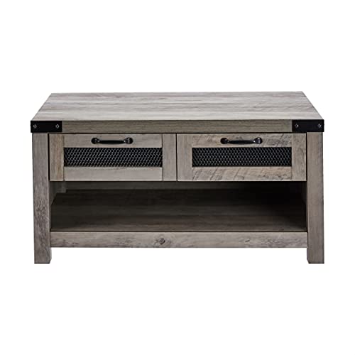 ROCKPOINT Coffee Table with Industrial Style Drawer, Grey Wash