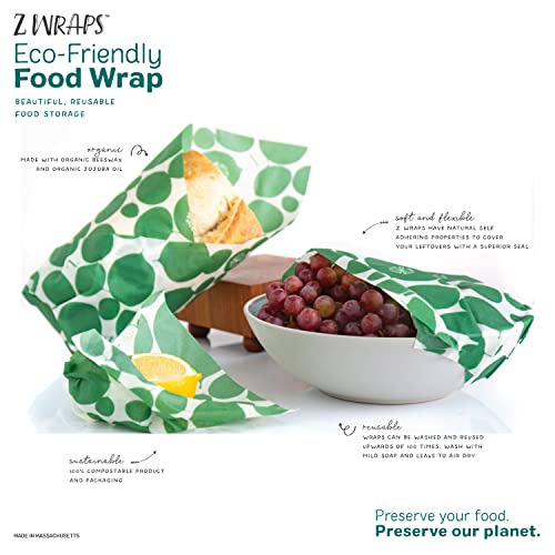 Z Wraps Multi 5-Pack, Reusable Beeswax Food Wrap and Food Storage Saver, Alternative to Plastic Wrap, Sustainable, Eco-Friendly Beeswax Food Wraps - 2 Small, 2 Medium, 1 Large (Leafy/Bees/Strawberry)