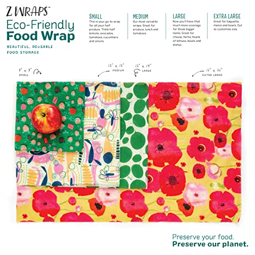 Z Wraps Multi 5-Pack, Reusable Beeswax Food Wrap and Food Storage Saver, Alternative to Plastic Wrap, Sustainable, Eco-Friendly Beeswax Food Wraps - 2 Small, 2 Medium, 1 Large (Leafy/Bees/Strawberry)