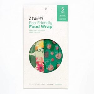 Z Wraps Multi 5-Pack, Reusable Beeswax Food Wrap and Food Storage Saver, Alternative to Plastic Wrap, Sustainable, Eco-Friendly Beeswax Food Wraps - 2 Small, 2 Medium, 1 Large (Leafy/Bees/Strawberry)