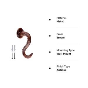 Brown Cast Iron Wall Hook Octopus Tentacle, Marine Themed Clothing Hook with Attachment Hardware.