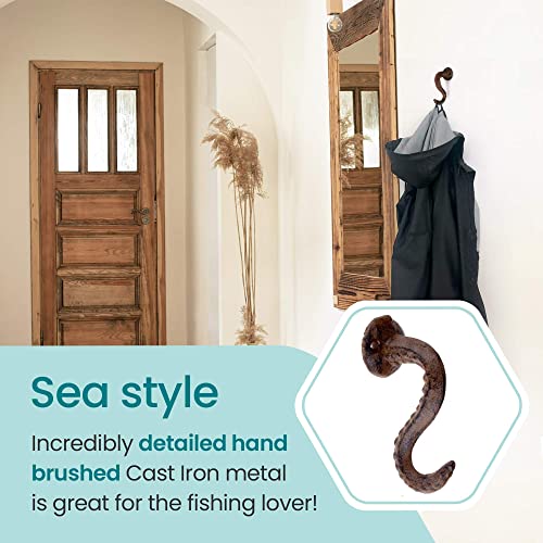 Brown Cast Iron Wall Hook Octopus Tentacle, Marine Themed Clothing Hook with Attachment Hardware.