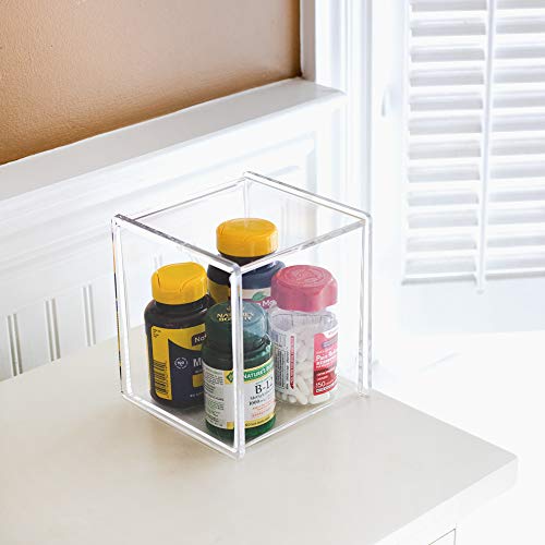 Isaac Jacobs Clear Acrylic Cube Organizer with Lid (5.25" L x 5.25" W x 5.75" H), Stackable, Storage Solution for Makeup, School & Office Supplies & More, for Bathroom, Kitchen, Office