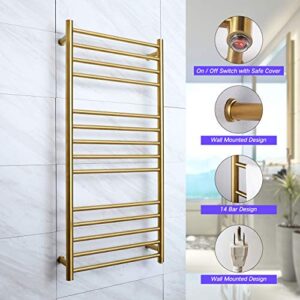 BERGOTO Towel Warmer Rack Home Bathroom 14 Bar Stainless Steel Space Saving Plug-in Wall Mounted Cloth Towel Heated Drying Rack Gold/Black (Gold)