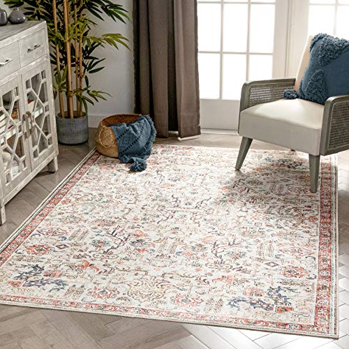 Well Woven Pomona Ivory Machine Washable Vintage Style Updated Classic Distsressed Persian Area Rug (5'3" x 7'3")