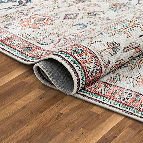 Well Woven Pomona Ivory Machine Washable Vintage Style Updated Classic Distsressed Persian Area Rug (5'3" x 7'3")