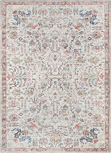 Well Woven Pomona Ivory Machine Washable Vintage Style Updated Classic Distsressed Persian Area Rug (5'3" x 7'3")