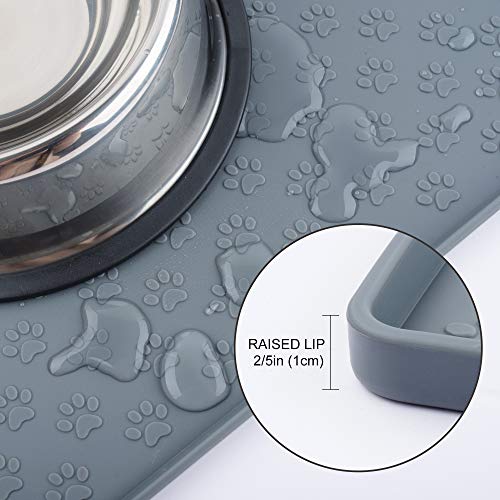 Coomazy Cat & Dog Food Mat, Sillicone Waterproof Pet Bowl Placement Tray to Stop Food Spills and Water Messes Out to Floor (M: 18.9x11.8in, Grey)