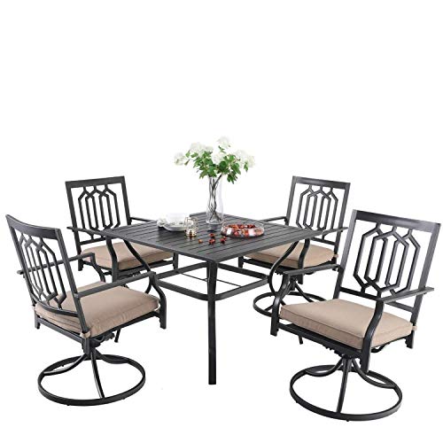 PHI VILLA Patio Dining Set 5 Pieces Outdoor Metal Furniture Set, 4 x Swivel Chairs with 1 Rectangular Umbrella Table for Outdoor Lawn Garden, Black