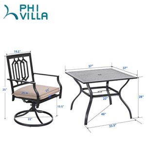 PHI VILLA Patio Dining Set 5 Pieces Outdoor Metal Furniture Set, 4 x Swivel Chairs with 1 Rectangular Umbrella Table for Outdoor Lawn Garden, Black