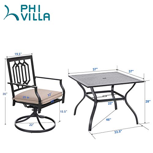 PHI VILLA Patio Dining Set 5 Pieces Outdoor Metal Furniture Set, 4 x Swivel Chairs with 1 Rectangular Umbrella Table for Outdoor Lawn Garden, Black