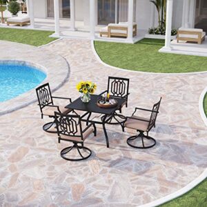 PHI VILLA Patio Dining Set 5 Pieces Outdoor Metal Furniture Set, 4 x Swivel Chairs with 1 Rectangular Umbrella Table for Outdoor Lawn Garden, Black