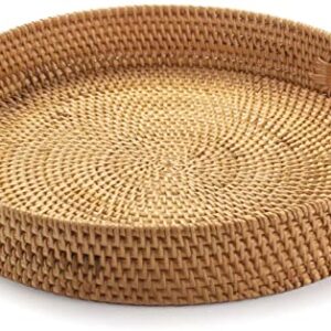 Rattan Round Serving Tray, Hand Woven Serving Basket with Cut - Out Handles, Wicker Fruit/Bread Serving Basket, 14.2 inch