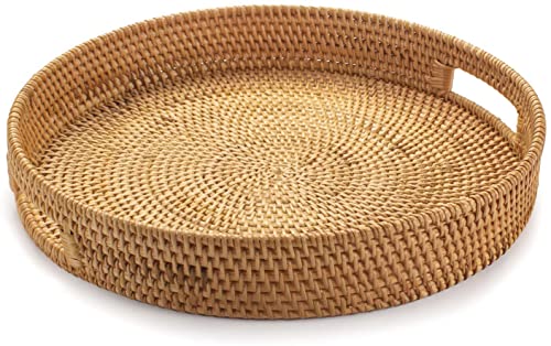 Rattan Round Serving Tray, Hand Woven Serving Basket with Cut - Out Handles, Wicker Fruit/Bread Serving Basket, 14.2 inch