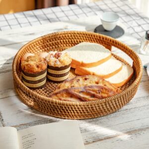 Rattan Round Serving Tray, Hand Woven Serving Basket with Cut - Out Handles, Wicker Fruit/Bread Serving Basket, 14.2 inch