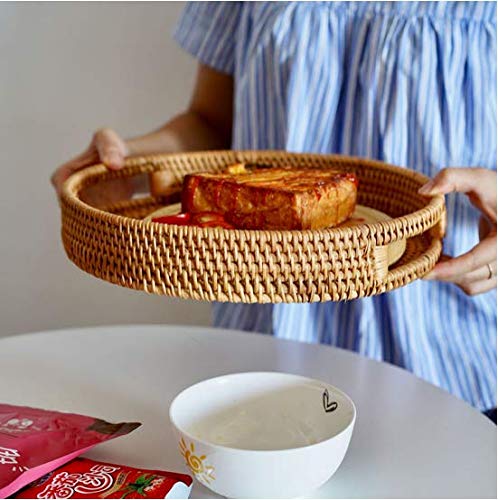 Rattan Round Serving Tray, Hand Woven Serving Basket with Cut - Out Handles, Wicker Fruit/Bread Serving Basket, 14.2 inch