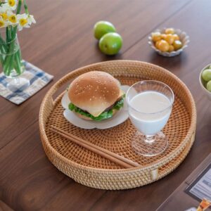 Rattan Round Serving Tray, Hand Woven Serving Basket with Cut - Out Handles, Wicker Fruit/Bread Serving Basket, 14.2 inch