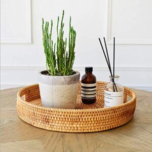 Rattan Round Serving Tray, Hand Woven Serving Basket with Cut - Out Handles, Wicker Fruit/Bread Serving Basket, 14.2 inch