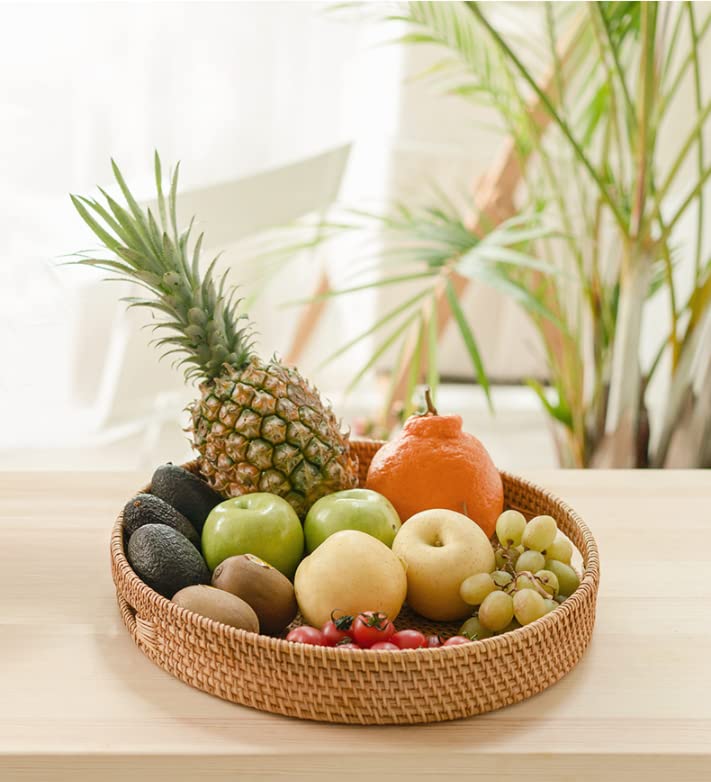 Rattan Round Serving Tray, Hand Woven Serving Basket with Cut - Out Handles, Wicker Fruit/Bread Serving Basket, 14.2 inch