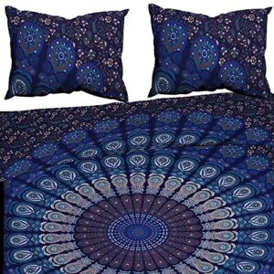 SHIRANYA 100% Cotton Sea Green Mandala Duvet Cover Set Queen 3 Piece Indian Ethnic Reversible Bohemian Floral Design Bedspread Blanket (1 Duvet Cover+2 Pillowcases, Size-88x82 inch)