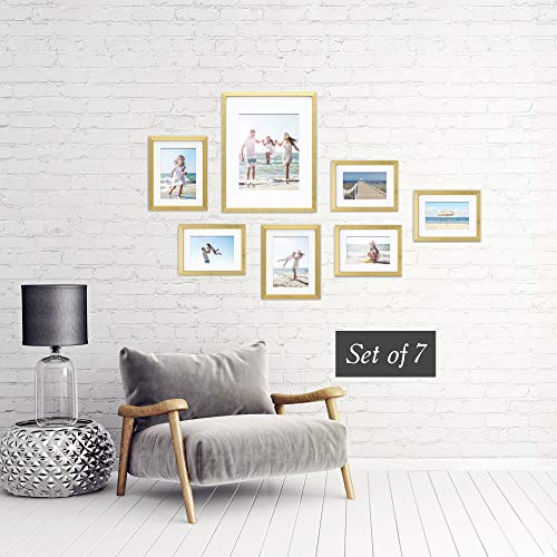 MIMOSA MOMENTS Picture Frame Sets for Wall Collage Multiple Sizes, Gallery Wall Frame Set with mat for one 8x10, 2 5x7 and 4 4x6 picture (Gold, 7 pcs set)