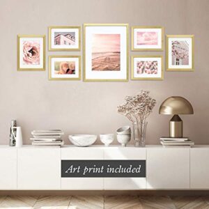 MIMOSA MOMENTS Picture Frame Sets for Wall Collage Multiple Sizes, Gallery Wall Frame Set with mat for one 8x10, 2 5x7 and 4 4x6 picture (Gold, 7 pcs set)