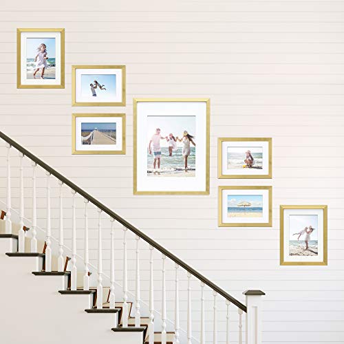 MIMOSA MOMENTS Picture Frame Sets for Wall Collage Multiple Sizes, Gallery Wall Frame Set with mat for one 8x10, 2 5x7 and 4 4x6 picture (Gold, 7 pcs set)