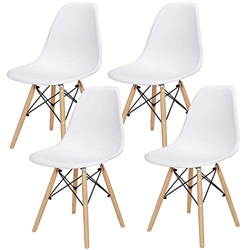 HANGKAI Elegant Home DSW Dinning Chair,Mid-Century Style Chair Plastic Dining Shell Chair with Wooden Leg for Dining & Dressing Table-Set of 4,White