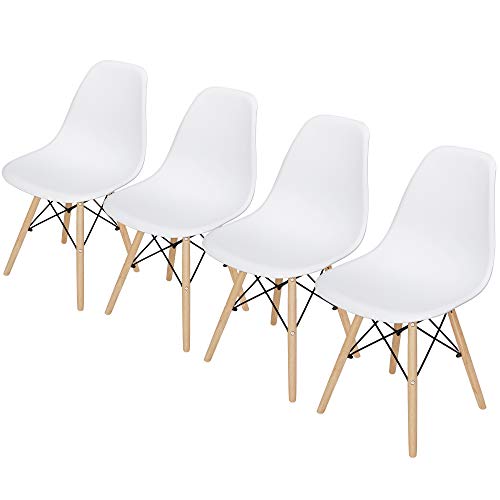 HANGKAI Elegant Home DSW Dinning Chair,Mid-Century Style Chair Plastic Dining Shell Chair with Wooden Leg for Dining & Dressing Table-Set of 4,White