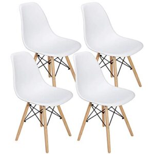 HANGKAI Elegant Home DSW Dinning Chair,Mid-Century Style Chair Plastic Dining Shell Chair with Wooden Leg for Dining & Dressing Table-Set of 4,White