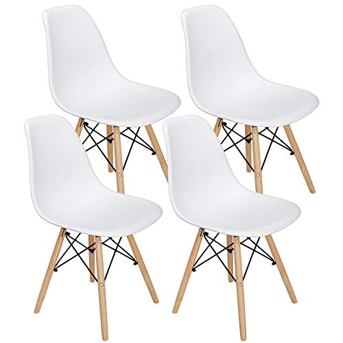 HANGKAI Elegant Home DSW Dinning Chair,Mid-Century Style Chair Plastic Dining Shell Chair with Wooden Leg for Dining & Dressing Table-Set of 4,White