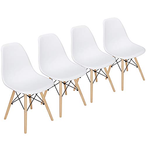 HANGKAI Elegant Home DSW Dinning Chair,Mid-Century Style Chair Plastic Dining Shell Chair with Wooden Leg for Dining & Dressing Table-Set of 4,White