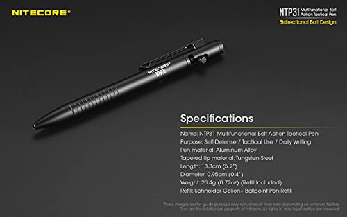 Nitecore NTP31 Bolt Action Tactical Pen with Tungsten Steel Glass Breaker and LumenTac Organizer