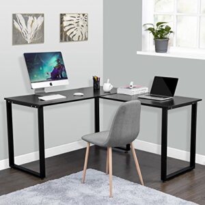 modern l shaped desk computer corner desk, home office study writing workstation, gaming desk, classic pc laptop desk wood & steel gaming table (black)