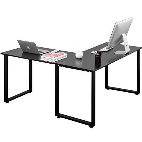 Modern L Shaped Desk Computer Corner Desk, Home Office Study Writing Workstation, Gaming Desk, Classic PC Laptop Desk Wood & Steel Gaming Table (Black)