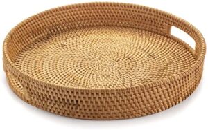 rattan round serving tray, hand woven serving basket with cut - out handles, wicker fruit/bread serving basket, 11.8 inch