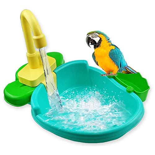 Lorchwise Parrot Bird Bath, Bird Feeder Pet Pool with Faucet Bird Shower, Parrot Automatic Bathtub Pool Bathtub with Food Container, for Pet Parrots Cage Accessories, 34.7x24x8.2CM