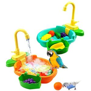 Lorchwise Parrot Bird Bath, Bird Feeder Pet Pool with Faucet Bird Shower, Parrot Automatic Bathtub Pool Bathtub with Food Container, for Pet Parrots Cage Accessories, 34.7x24x8.2CM