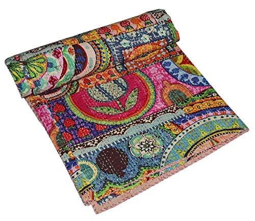 Maviss Homes Indian Traditional Handmade Patchwork Cotton Super Soft Kantha Quilt Blanket | Throw Bedspread Blanket | Bedroom Décor Throw Quilt |Home Décor; Multicolour