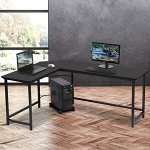 l shaped desk home office desk corner computer desk, metal and wood pc laptop table gaming desk with solid steel frame & cpu stand shelf, large 3-piece writing study workstation, black