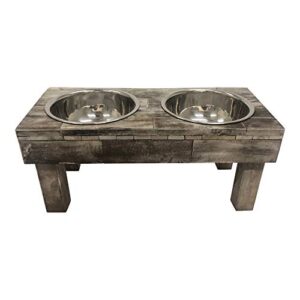 huntley equestrian pet berjen table elevated double bowl pet feeder, brown wash (large) (02189)