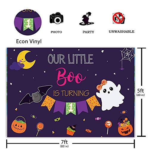 Funnytree Halloween 1st Birthday Party Backdrop Our Little Boo is Turning One Background for Baby Boys Girls First Birthday Night Pumpkin Cake Table Decorstions Banner Supplies 7x5ft