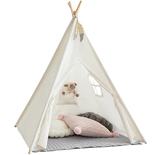 Teepee Tent for Kids with Mat, White Teepee Play Tent Foldable Tipi Tents for Girls, Boys Indoor Outdoor with Kids Teepee with Grey Mat, Fairy Lights