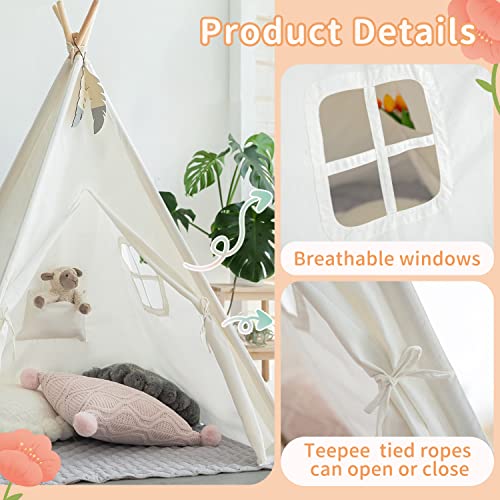 Teepee Tent for Kids with Mat, White Teepee Play Tent Foldable Tipi Tents for Girls, Boys Indoor Outdoor with Kids Teepee with Grey Mat, Fairy Lights